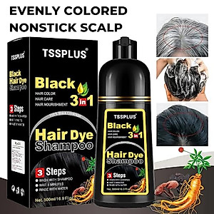 TSSPLUS Black Hair Dye Shampoo, 500ml - Organic Natural Hair Color Dye Shampoo for Women & Men, Instant Gray White Hair Cover, Plant Essence, Semi-Permanent