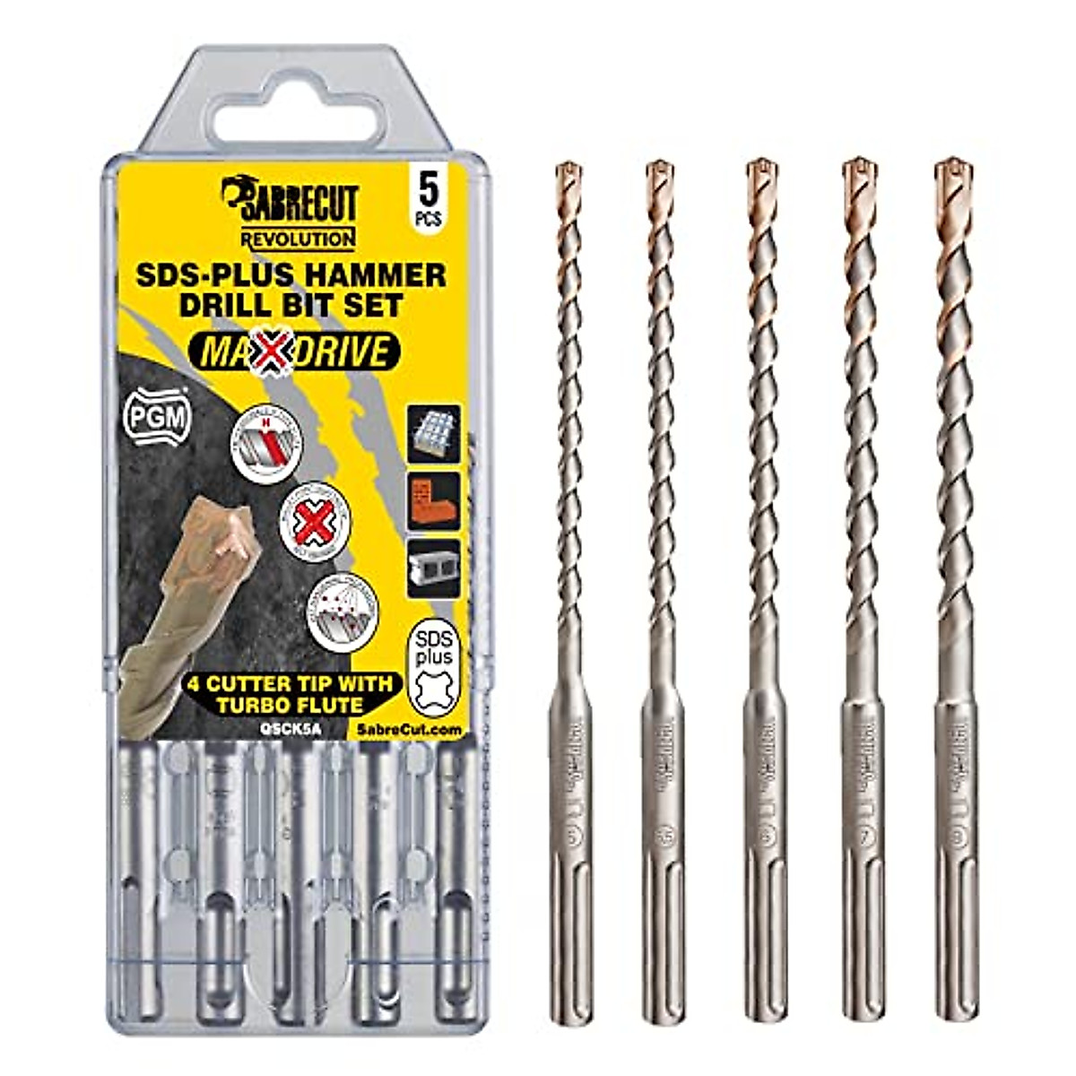 5 x SabreCut QSCK5A 13/64" 7/32" 15/64" 9/32" 5/16" x 6 19/64" Length Quattro PGM Approved Full Carbide 4 Cutter Tip Vortex Flute SDS Plus Drill Bit Mix Kit For Stone Concrete Brick Block