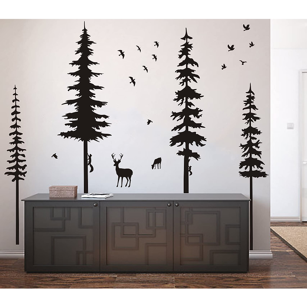Pine Tree Wall Decals Woodland Vinyl Wall Sticker Forest Wall Decals with Animal Wall Stickers Squirrels Deers Wall Stickers for Kids Nursery Children Room Living Room Wall Decoration (Black)