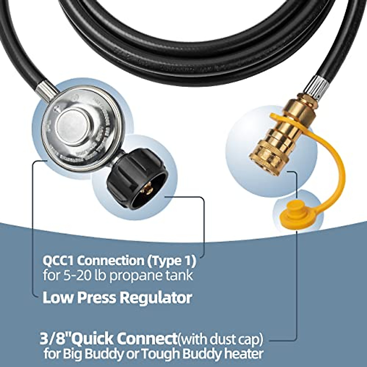 Alocs 12ft Propane Hose Adapter F271803 with Regulator for Mr Heater Big Buddy Heater & Most Gas Grill, 3/8 inch Quick Connect Disconnect Fitting to QCC1 Connection (Type 1) for 20 LB Propane Tank