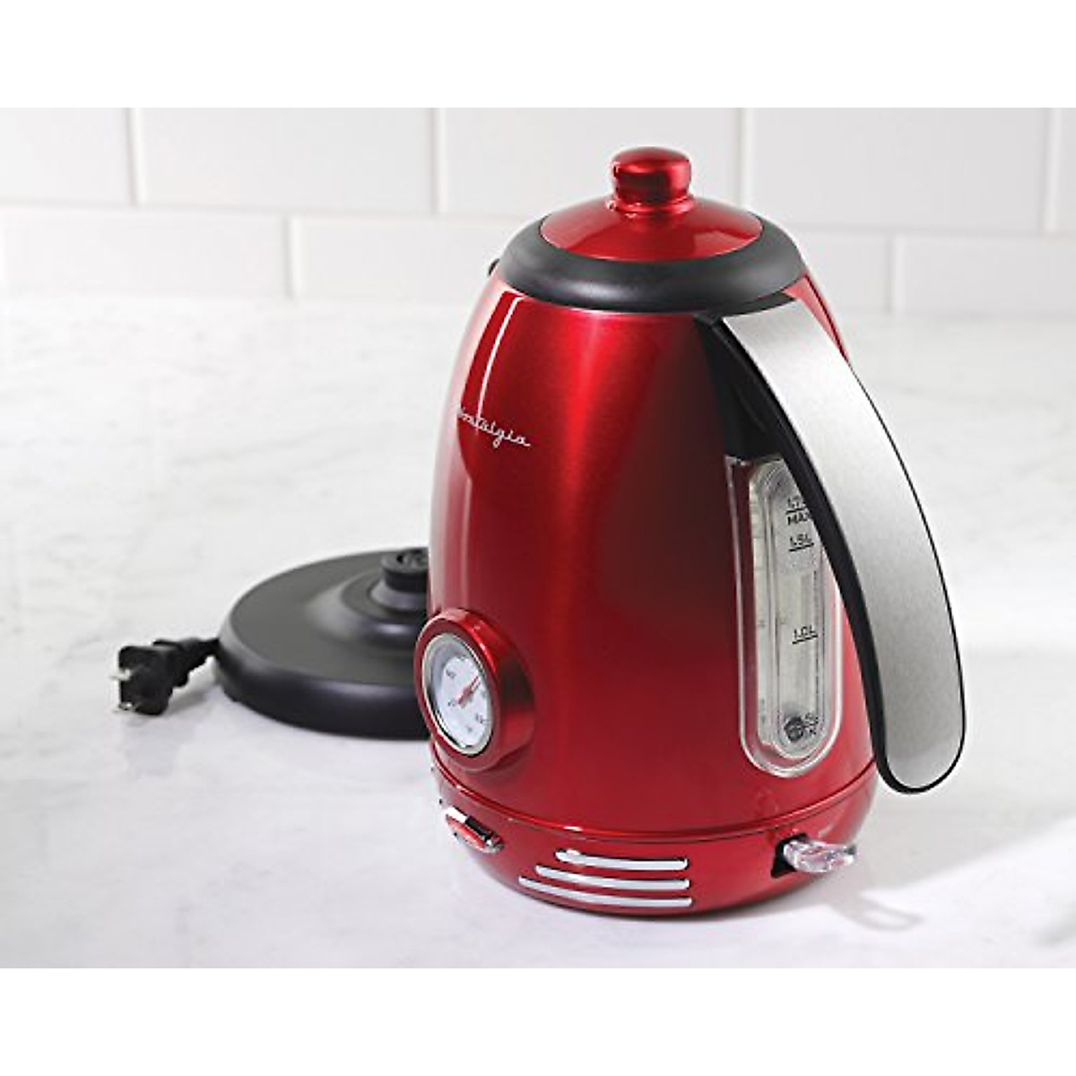 Nostalgia RWK150 Stainless Steel Electric Water Kettle, Holds 1.7 Liters, Auto-Shut Off & Boil-Dry Protection, 360-Degree Rotating Base, Water Level Indicator Window, Perfect For Tea, retro red