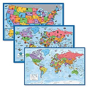 3 Pack - Illustrated World Map & USA Map for Kids + World Map Poster [Blue Ocean] (Laminated, 18" x 29")