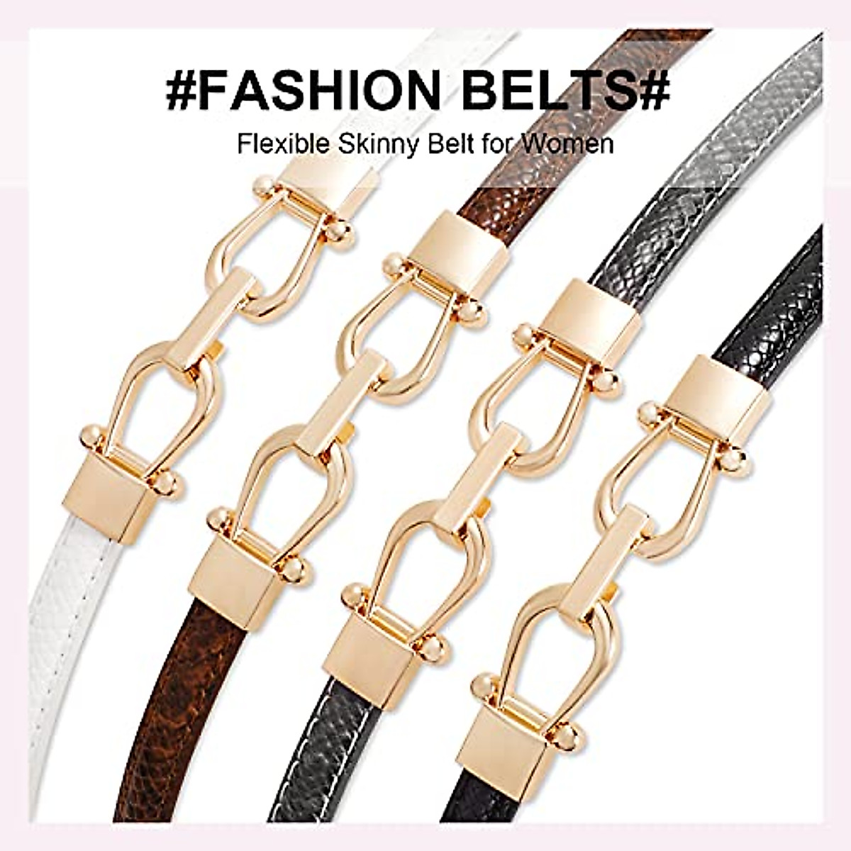 WHIPPY 4 Pack Women Skinny Leather Belt Adjustable Fashion Dress Belt Thin Waist Belts for Ladies Girls(Black Brown White Gray)