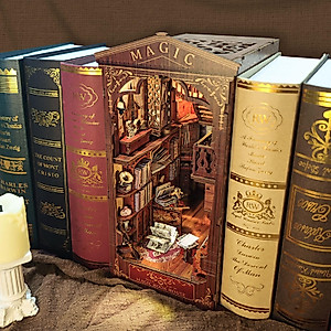 Book Nook Kit, DIY 3D Bookshelf Insert Decor, Wooden Puzzle Dollhouse with Sensor LED Light, Bookend Building Set for Teens Adults - Magic Book House