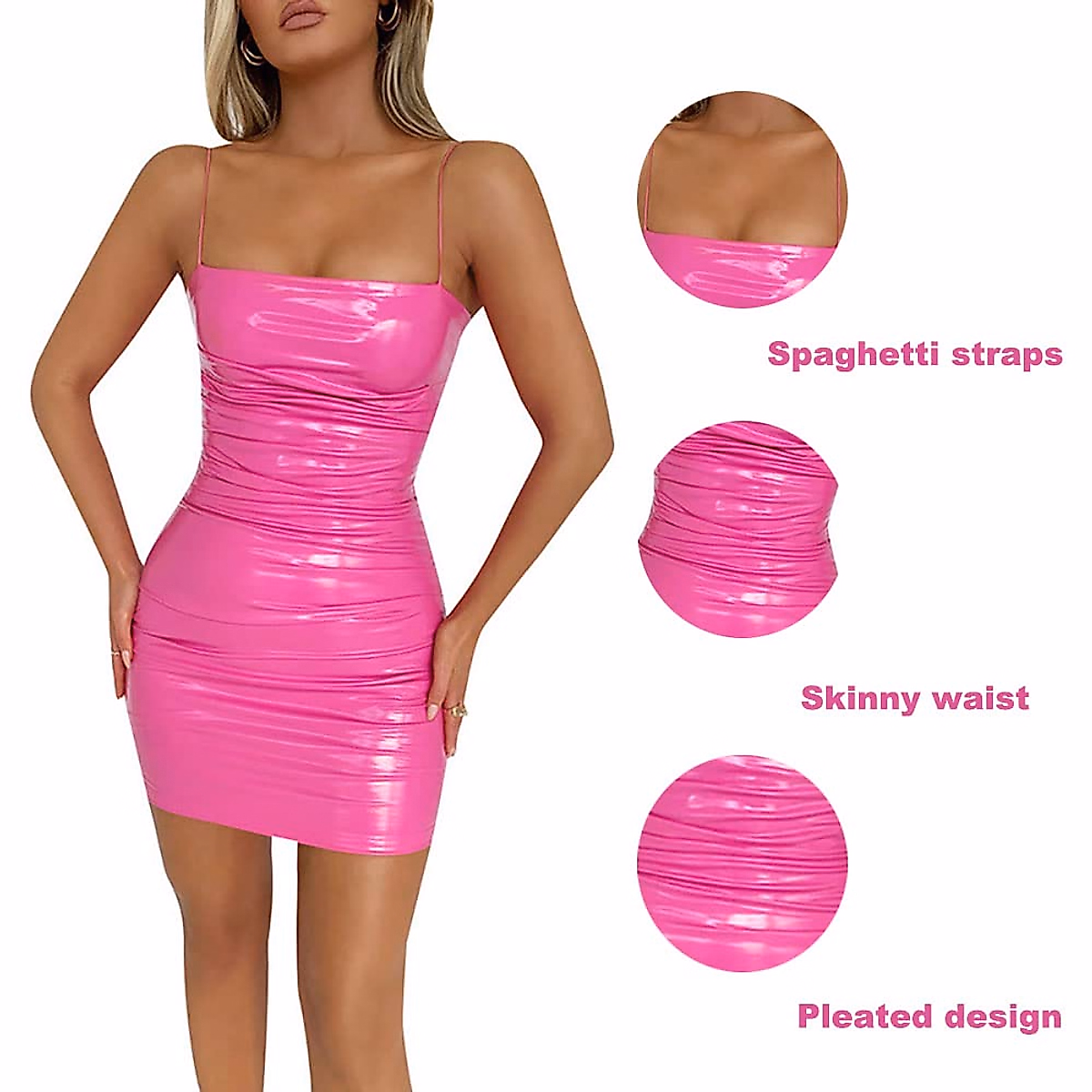 Gogobear Women's Pink PU Leather Dress Sexy Tight Spaghetti Strap Ruched Party Bodycon Mini Dress,S