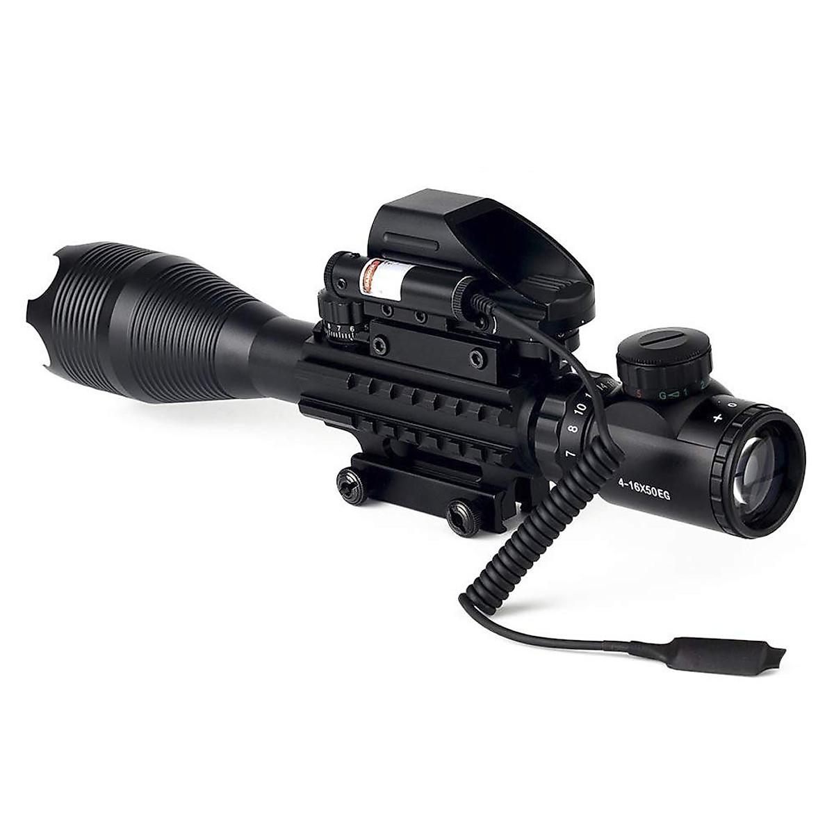 THEA 4-16x50 Tactical Rifle Scope Red/Green Illuminated Range Finder Reticle W/Red/Green Laser and Holographic Reflex Dot Sight (12 Month Warranty) (Red)