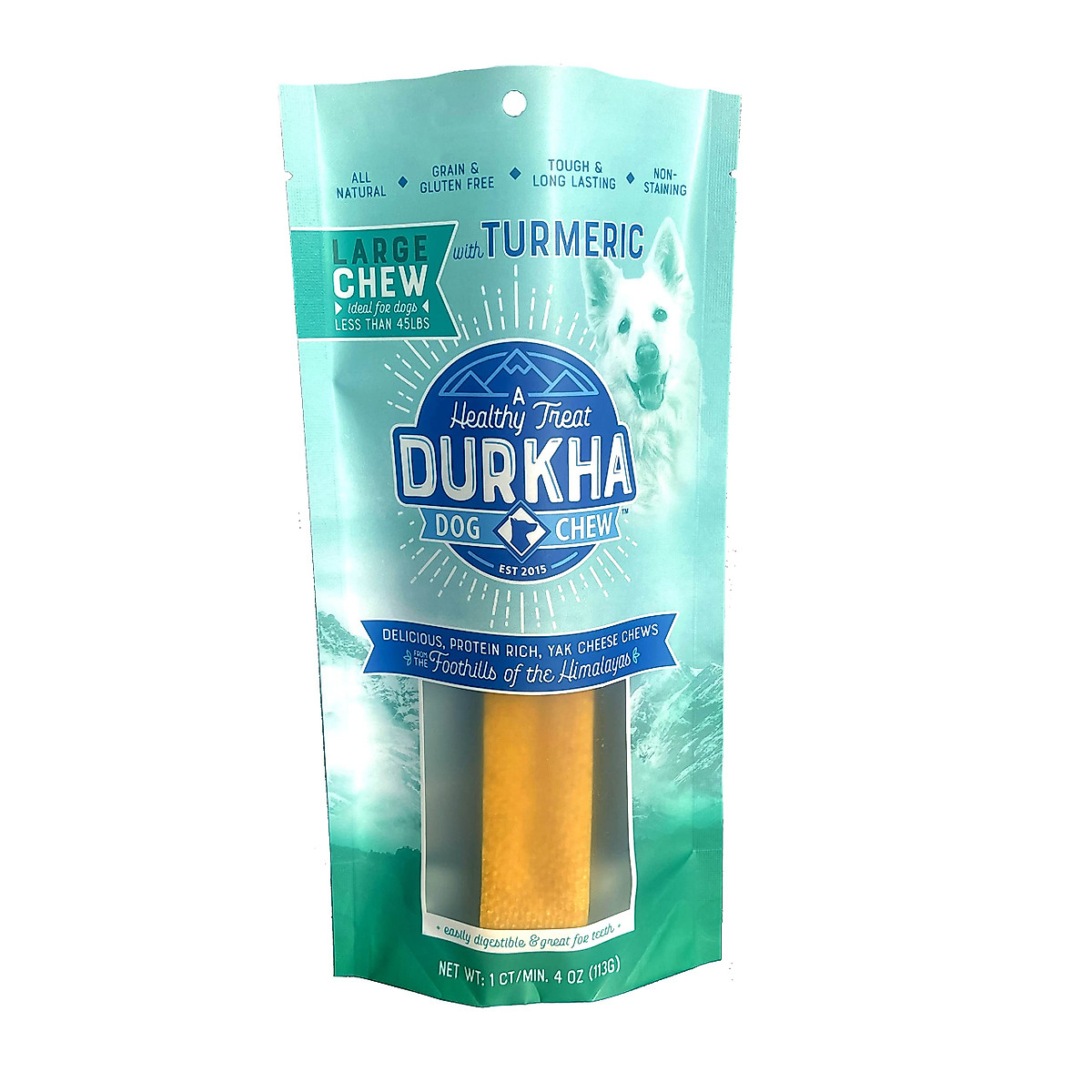 Durkha Himalayan Cheese Chews for Dogs with Turmeric | Natural Long Lasting Cheese Treats| Great for Aggressive Chewers | Does Not Stain Carpets or Furniture. (1 Pack, Large (1CT/Min.4OZ))