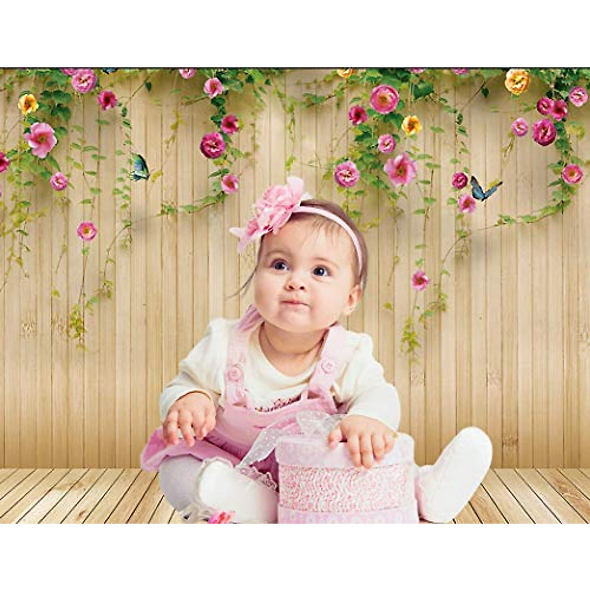 WOLADA 5x7FT Flower Wall Backdrop Spring Backdrop Spring Floral Photo Backdrop Brown Wood Plank Flower Wall Photography Backdrop Girl Birthday Party Wedding Shower Photography Background 8909