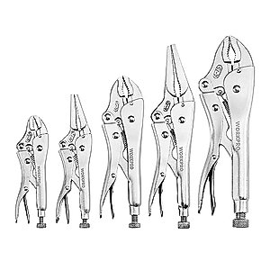 WORKPRO 5-Piece Locking Pliers Set, Pliers Tool Set, Vice Grips with Chrome-vanadium Steel, 5/7/10 inch Curved Jaw Pliers, 6.5/9 inch Long Nose Pliers
