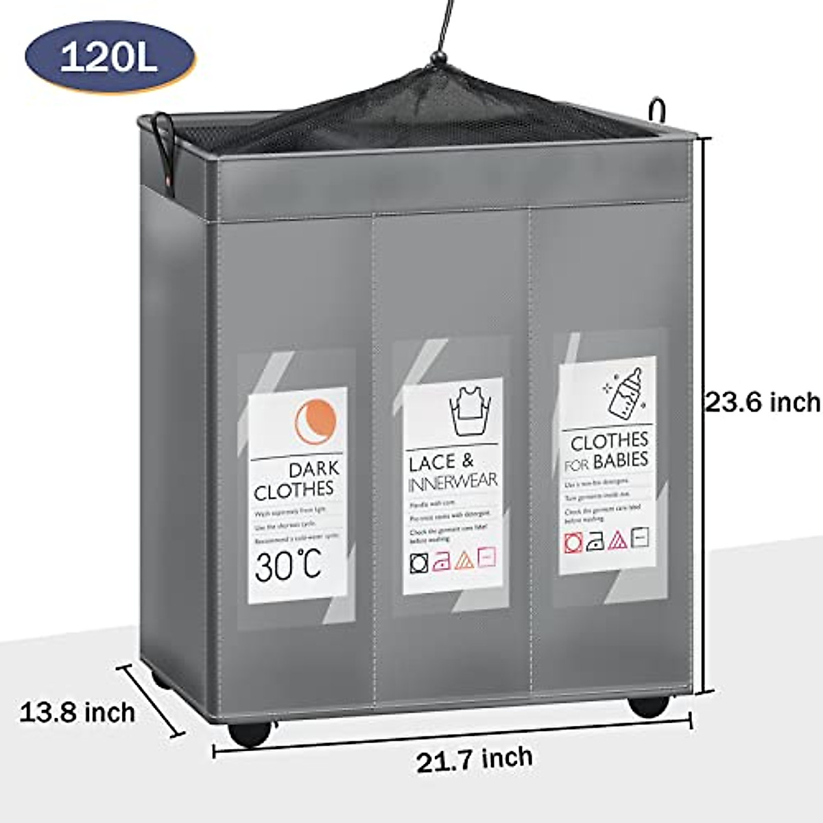 DEDU 120L Laundry Sorter 3 Section Heavy Duty, Extra Large Slim Laundry Hamper Rolling, Collapsible Laundry Basket with Wheels and 2 Leather Handles (Dark Gray)