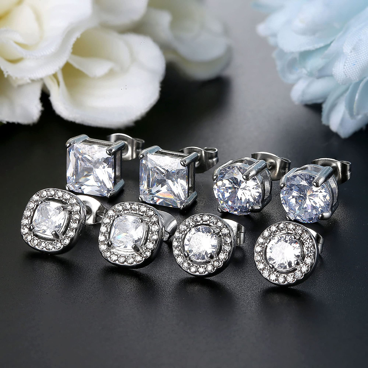 CASSIECA Cubic Zirconia Stud Earrings | 18K White Gold Hypoallergenic Birthstone Earrings | Brilliant Large Simulated Diamond Halo Stud Earrings for Women Men