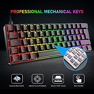 60% True Mechanical Gaming Keyboard Ultra-compact with 20 Rainbow Backlit Type C Wired Programmable 62 Keys Tactile Blue Switch Waterproof Non-Conflict and Gaming Mouse Pad  for PC/Laptop/PS5（Black)
