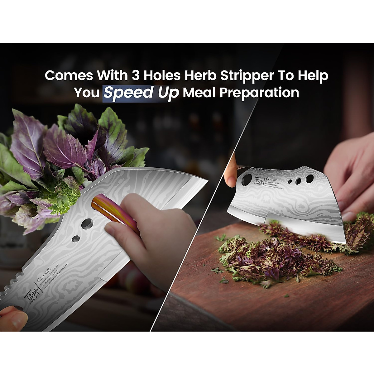 Multifunction Chinese Chef Knife, 7.7 Inch Meat Cleaver With Herb Stripper And Sheath, Butcher Knife Heavy Duty Bone Chopper, Slicing Vegetables, Damascus Pattern Full Tang Wood Handle Design