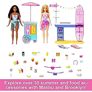 Barbie Dolls & Accessories Playset, Beach Boardwalk with Barbie “Brooklyn” & “Malibu” Dolls, Food Stand, Kiosk & 30+ Accessories