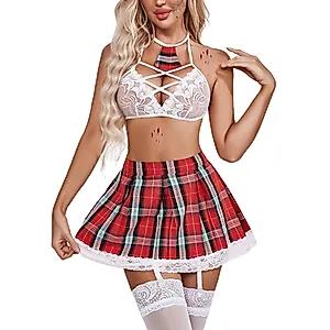 Avidlove Women Schoolgirl Lingerie Cosplay Lingerie set with Tie Top and Mini Skirt Sexy Babydoll Lingerie for boudoir