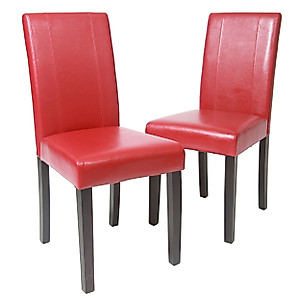 Roundhill Furniture Urban Style Solid Wood Leatherette Padded Parson Chair, Red, Set of 2