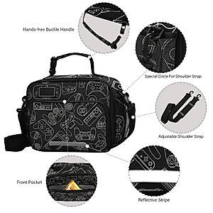 Glaphy Video Game Pattern Black Lunch Bag, Cooler Lunch Tote Box Insulated Lunch Bags Food Container for Boys Girls Kids