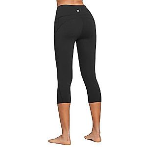 BALEAF Women's Capri Leggings Workout Yoga Running Capris High Waisted Pull On Cropped Leggings with Pockets Black M