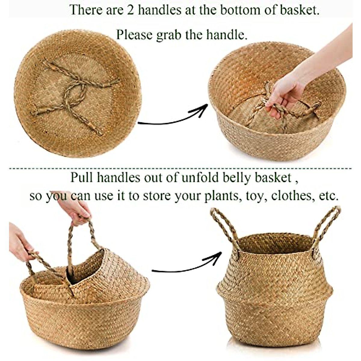 Yesland 2 Pack Woven Seagrass Plant Basket with Handles, Ideal Wicker Baskets Storage Plant Pot Basket for Laundry, Picnic, Plant Pot Cover, Beach Bag and Grocery Basket (L)