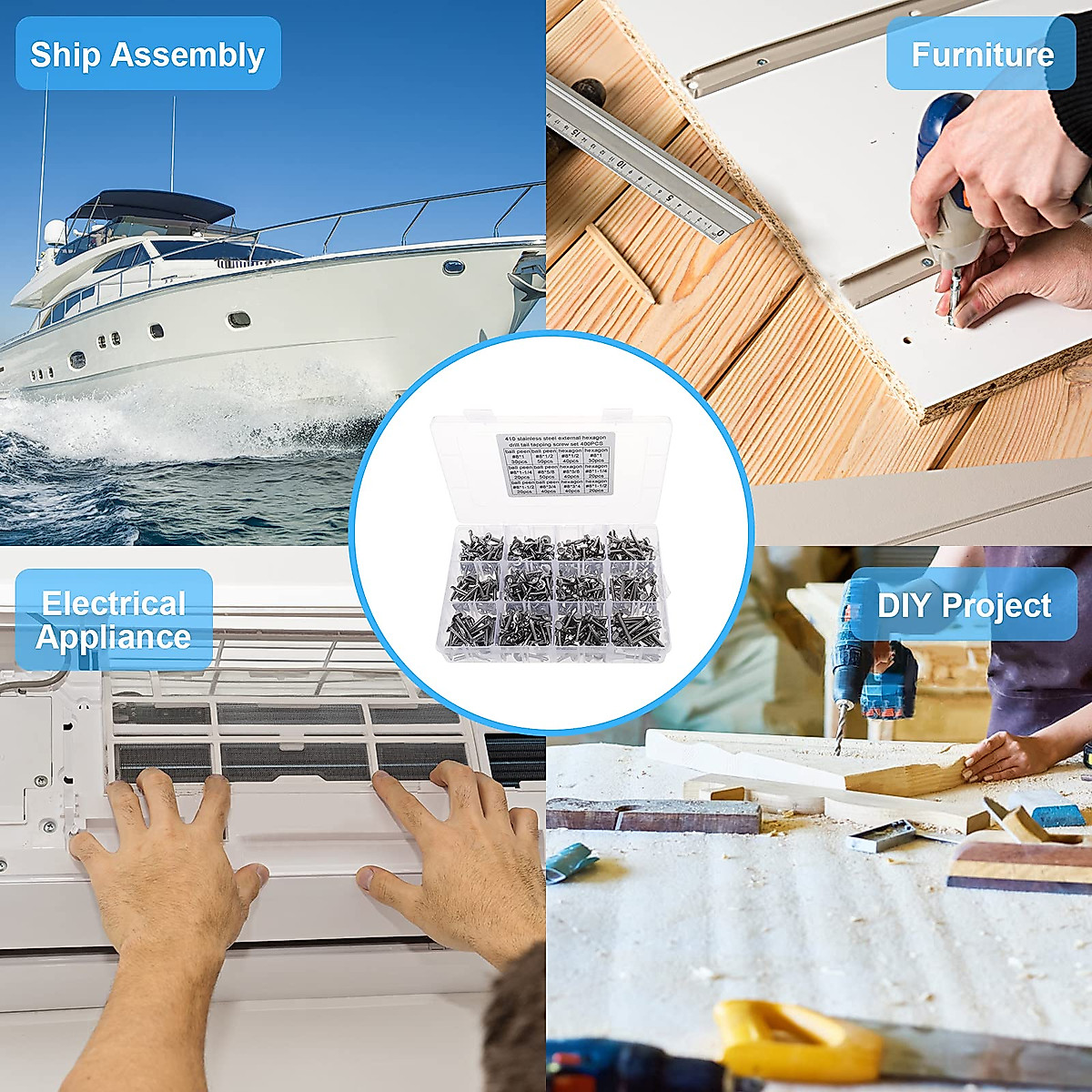 Toolly 400PCS #8 x 1/2" to 1-1/2" Self Drilling TEK Screws Assortment Kit, Hex Washer Head & Wafer Head, 410 Stainless Steel Self Tapping Sheet Metal Screws for Metal, Wood, Plastics