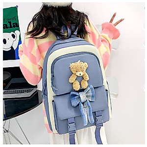 Lokkcy Kawaii Backpack 4Pcs Set with cute plush Pendants & Badge,Japanese School Bag and Backpack for Girls 10-12(Blue)