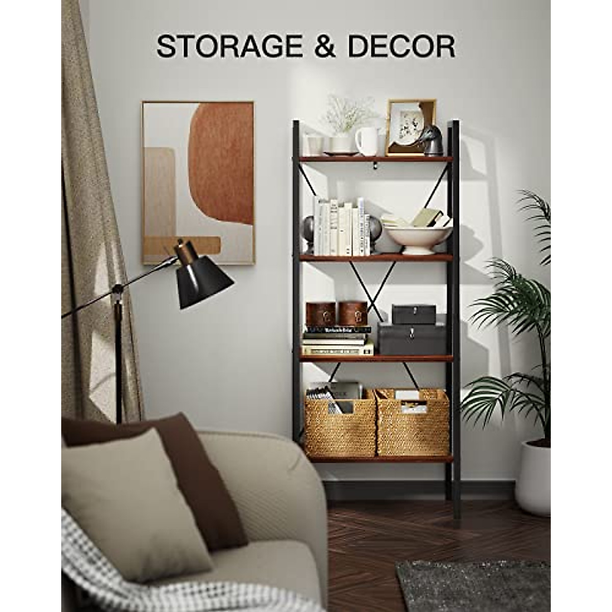 Pipishell Industrial Ladder Shelf, 4-Tier Bookshelf, Free Standing Bookcase Storage Rack Shelves Plant Flower Stand with Wood Look for Living Room, Bedroom, Kitchen, Bathroom, Home Office, Balcony