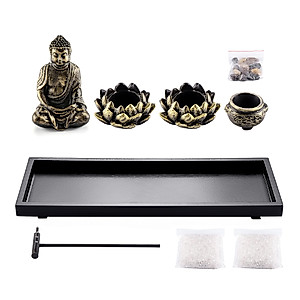Jovivi Zen Garden Set Buddha Statue 2 Lotus Tealight Candle Holders, Mallet & Rocks and Crystals & Incense Burner Stick Holder Bowl & Wood Tray for Yoga Meditaion Home Table Decor Gift