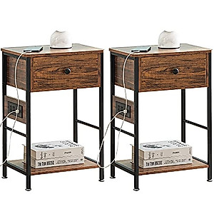 SunnyFurn Nightstand Set of 2,End Table with Charging Station,Side Table with Drawers and Storage,Beside Table for Living Room and Bedroom,Easy Assembly,Brown (Brown)