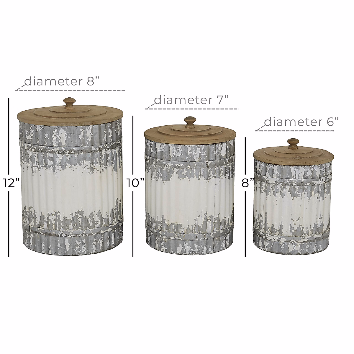 Deco 79 Metal Living Room Decorative Jars Distressed Decorative Container with Wood Lids, Set of 3 Jar with Lid 12", 10", 8"H, White
