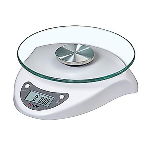 Taylor Digital Kitchen Scale with Glass Platform, Tare Button, and Plastic Body Weighs up to 11 Pounds Capacity, White