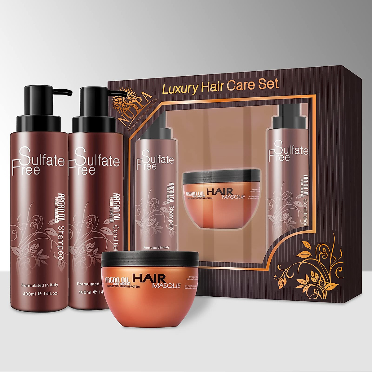 Nuspa Moroccan Argan Oil Hair Care Set - Sulfate Free for Damaged, Dry, Frizzy, Color Safe, Keratin Treated Hair with Long Lasting Shine