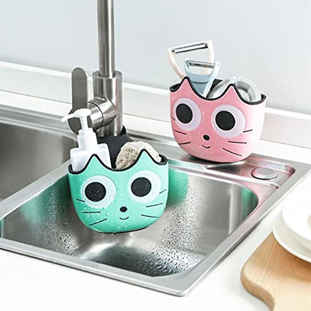 LuckyBamboo Sink Sponge Holder Hanging, Cute Gadgets Basket with Buckle for Kitchen, Bathroom, Workplace Organizer (Bule+Pink 2Pack)