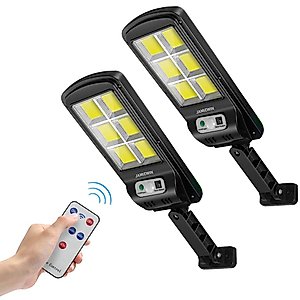 JAMIEWIN 120 led Solar Street Lights Outdoor Wireless Solar Security Wall Light Motion Sensor with 3 Lighting Modes for Porch Gutter Barn Garden Deck Fence Patio Path 2 Pack