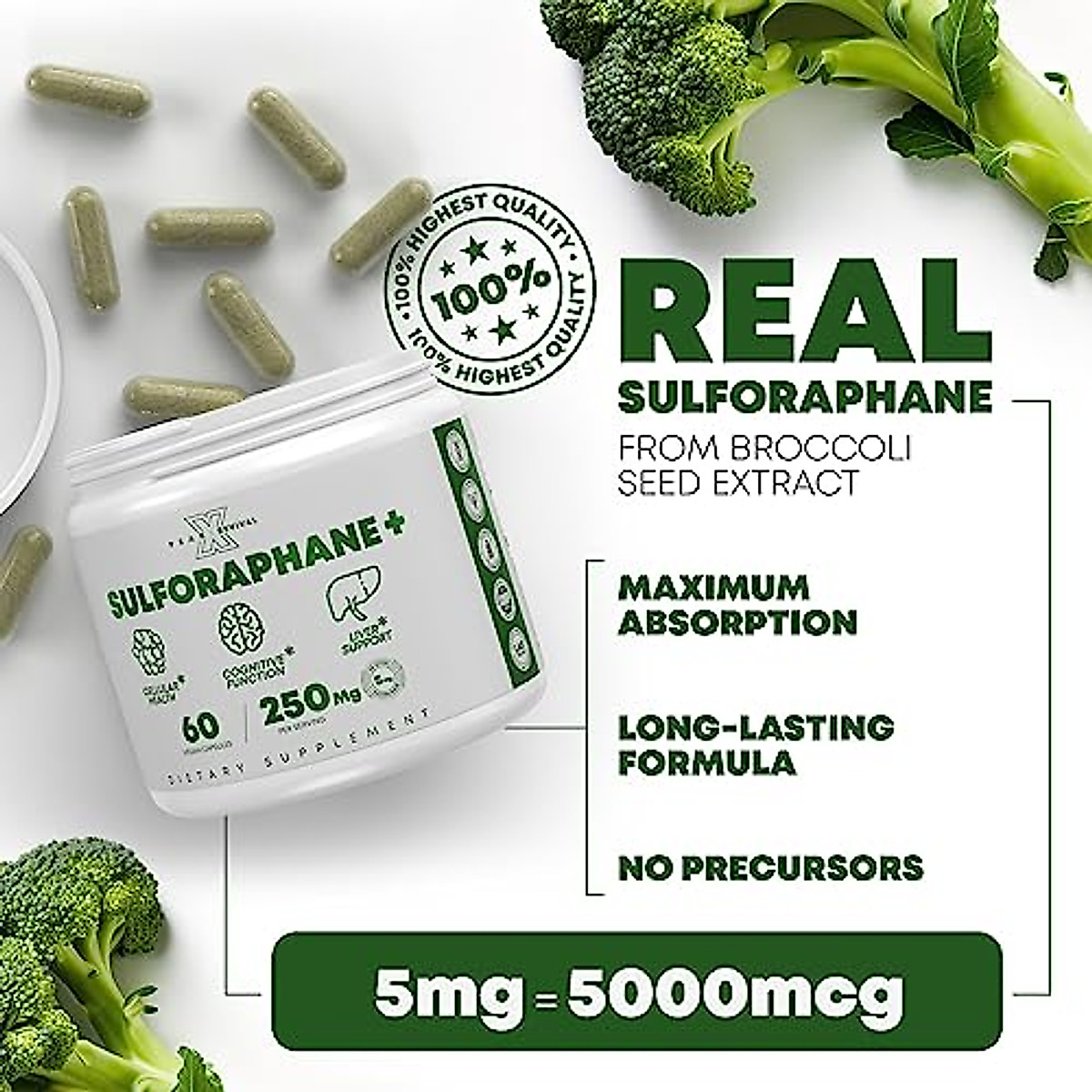 Peak Revival-X 5000mcg of Real Lab-Verified Sulforaphane Supplement - Broccoli Seed Extract 250mg Supplements - Promotes Cognitive Function, Liver & Cellular Support - 60 Vegan Capsules/Pills