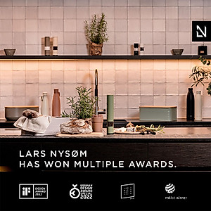 LARS NYSØM Bread Box I Metal bread box with linen bread bag for long lasting freshness I Bread box with bamboo lid usable as cutting board I 14.2x7.5x5.1 In (Greige)