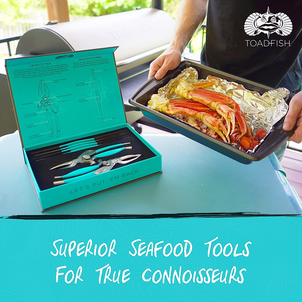 Toadfish Crab & Lobster Seafood Tool Set - 2 Shell Crackers With Cutters & 4 Multi-Use Forks - Non-Slip Grips - Stainless Steel - Built-In Bottle Opener - Makes A Beautiful Gift