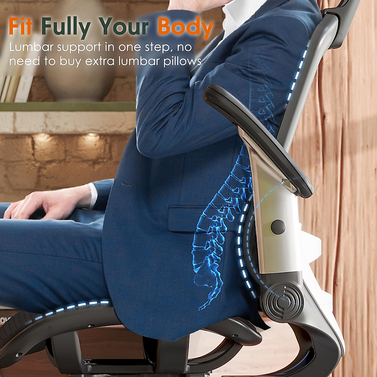 GABRYLLY Ergonomic Mesh Office Chair, High Back Desk Chair - Adjustable Headrest with Flip-Up Arms, Tilt Function, Lumbar Support and PU Wheels, Swivel Computer Task Chair