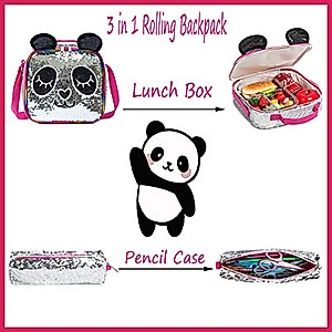 ZBAOGTW Panda Rolling Backpack for Girls Kids 3pcs Wheeled School Backpack with Lunch Box Trolley Trip Luggage for Elementary