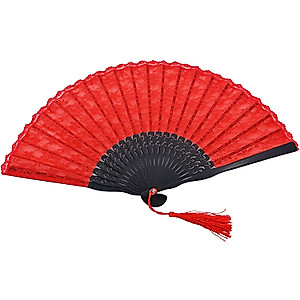Womens Multi Color Handmade Cotton Lace Folding Hand Fan (Black-A) (Red)