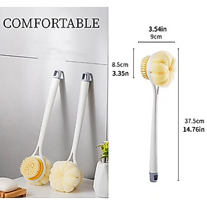 Back Scrubber for Shower, Body Scrubber with Soft Bristles and Loofah, Long Handle Bath Brush Skin Exfoliator Wet or Dry Body Brush, Shower Back Brush for Men Women, Anti Slip Handle, Dual-Sided