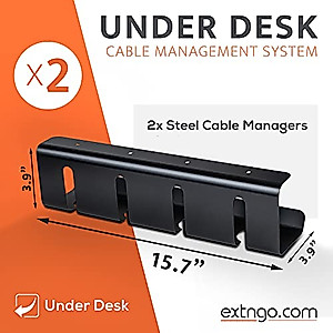 EXTNGO - Under Desk Cable Management Tray [2 Pieces] - Carbon Steel Desk Wire Organizer [16x4x4 in] - No Drilling Wire Management Under Desk with Glue Dots - Elegant Underdesk Tray