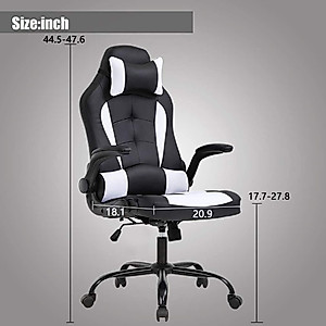 OffiClever Racing Style Office High Back Desk Executive PU Leather Rolling Task Swivel Computer with Lumbar Support Headrest, White
