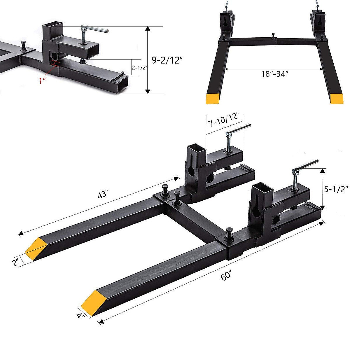 Atatod Heavy Duty Clamp on Pallet Forks w/Adjustable Stabilizer Bar -60" 4000lbs Max- Pallet Forks Clamp On for Tractor Bucket (60inch Total Length）