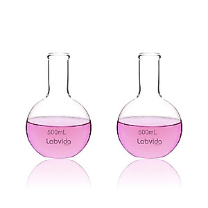 Labvida 2pcs of Glass Boiling Flasks of Flat Bottom, Vol.500ml, Borosilicate 3.3 Glass, LVD002