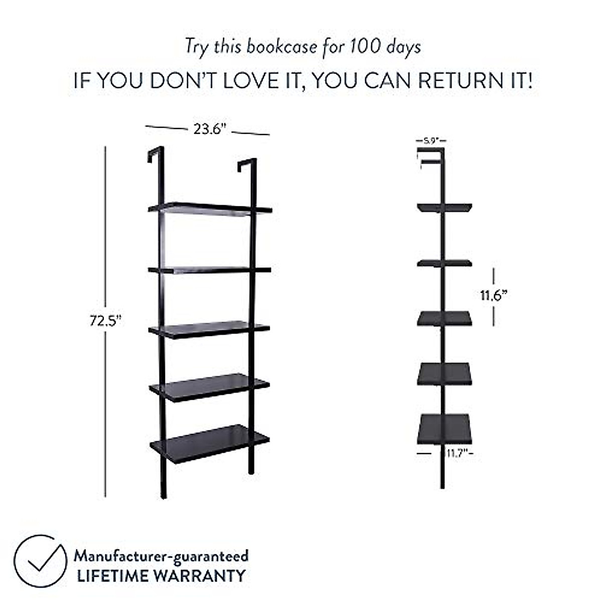 Nathan James Theo 5-Shelf Black Modern Bookcase, Open Wall Mount Ladder Bookshelf with Industrial Metal Frame