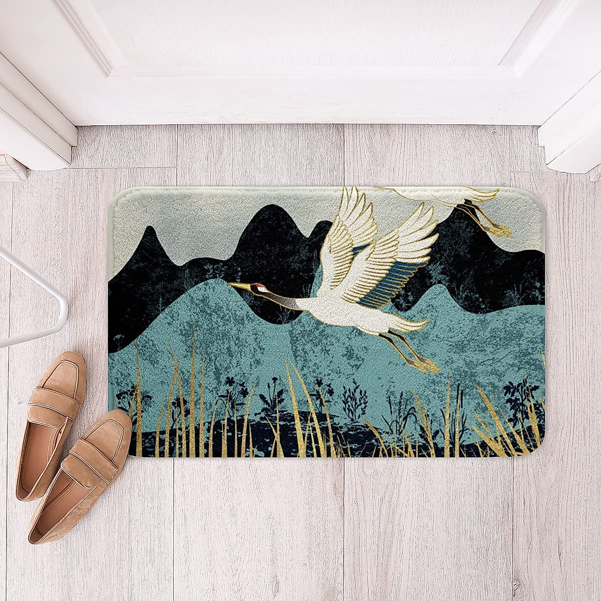 Erosebridal White Crane Door Mat Golden Sun Bathroom Rugs for Kids Child,Jungle Mountain Rug Japanese Style Ukiyoe Theme Kitchen Rugs Birds Animal Japan Ethnic Kawaii Room Decor 20"x32"