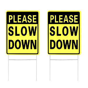 Kichwit 2 Pack Double Sided Please Slow Down Sign Plastic Yard Signs with Metal Stakes, Sign Measures 11.8 x 15.7 Inches