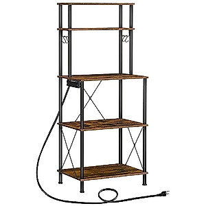 HOOBRO Bakers Rack with Power Outlets, Coffee Bar, Microwave Stand with S-Hooks, Kitchen Storage Rack for Kitchen, Entrance, Living Room, Dining Room, Office, Rustic Brown and Black BF80UHB01