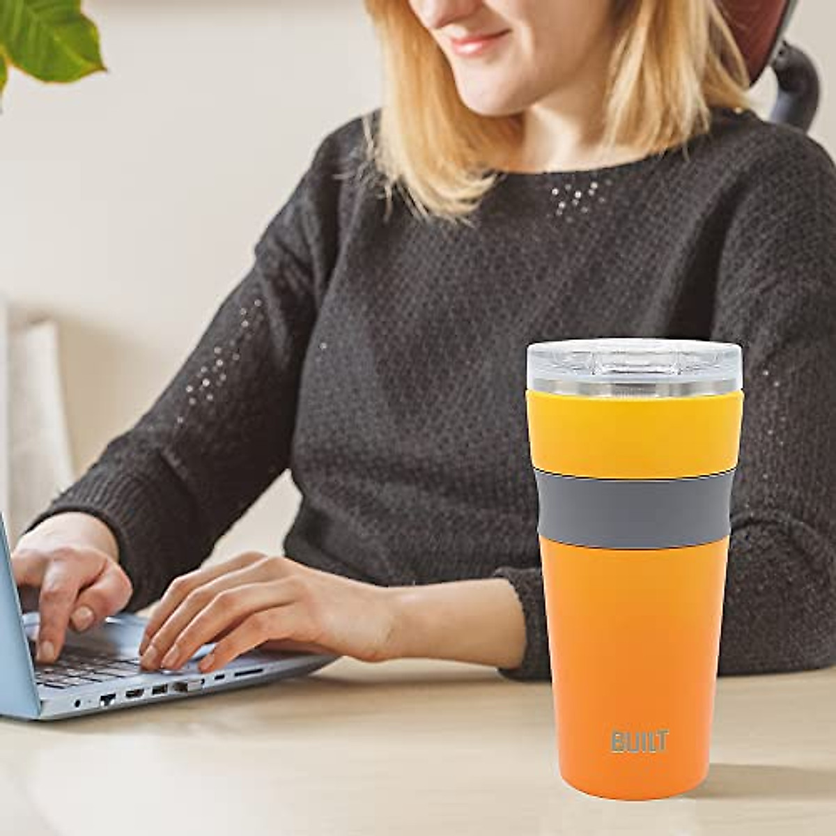 BUILT 24 Ounce Shasta Double Wall Vacuum Insulated Stainless Steel Coffee and Water Tumbler with Easy to Clean Flip to Open Tritan Lid, Black and Gray