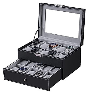 BEWISHOME Watch Box Organizer 20 Men Display Storage Case Metal Hinge Black PU Leather Glass Top Large Holder SSH04B